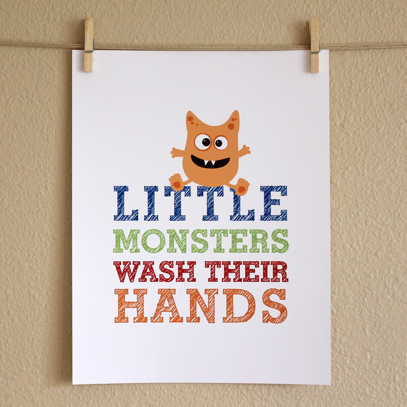 Little Monsters Wash Their Hands Art Print, 8x10, Boy on Luulla