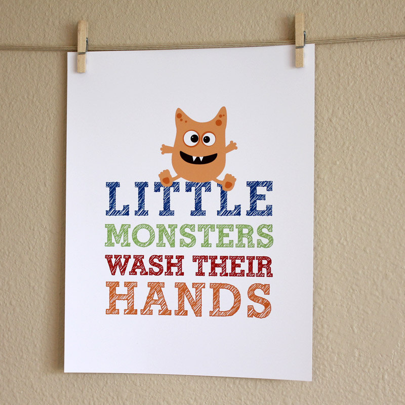 Little Monsters Wash Their Hands Art Print, 8x10, Boy on Luulla